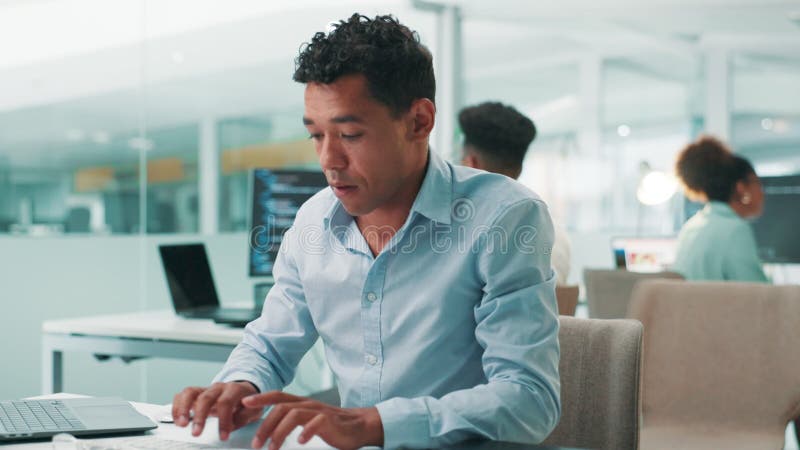 Programmer, Coding and Man on Computer for Research, Project and Cybersecurity Update in Office ...