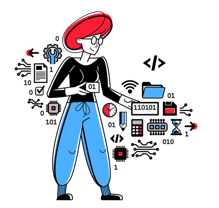 Programmer Is Coding And Repairing Some Machine System Vector Outline Illustration Computer