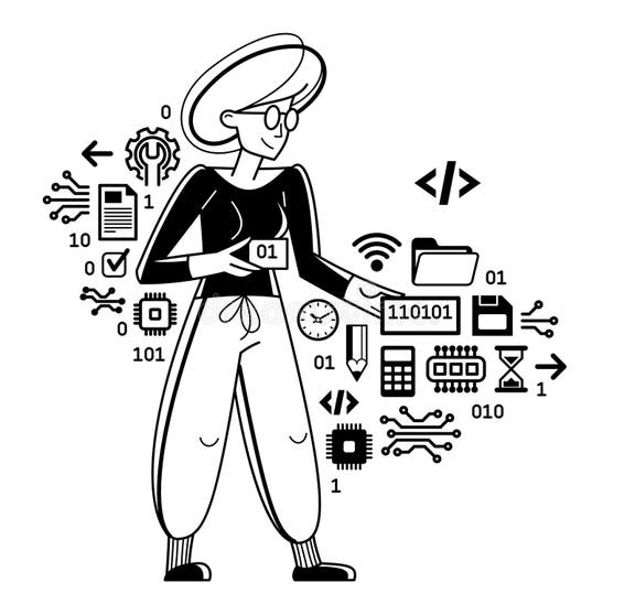 Programmer Is Coding And Repairing Some Machine System Vector Outline Illustration Computer