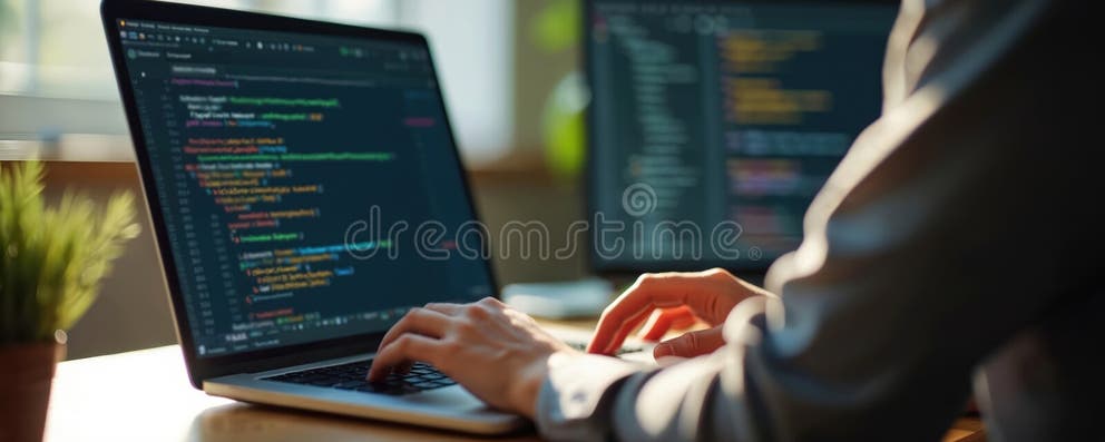 Programmer Coding, Working on Laptop with Dual Monitor Setup in Office. Focused on Code, Hands ...