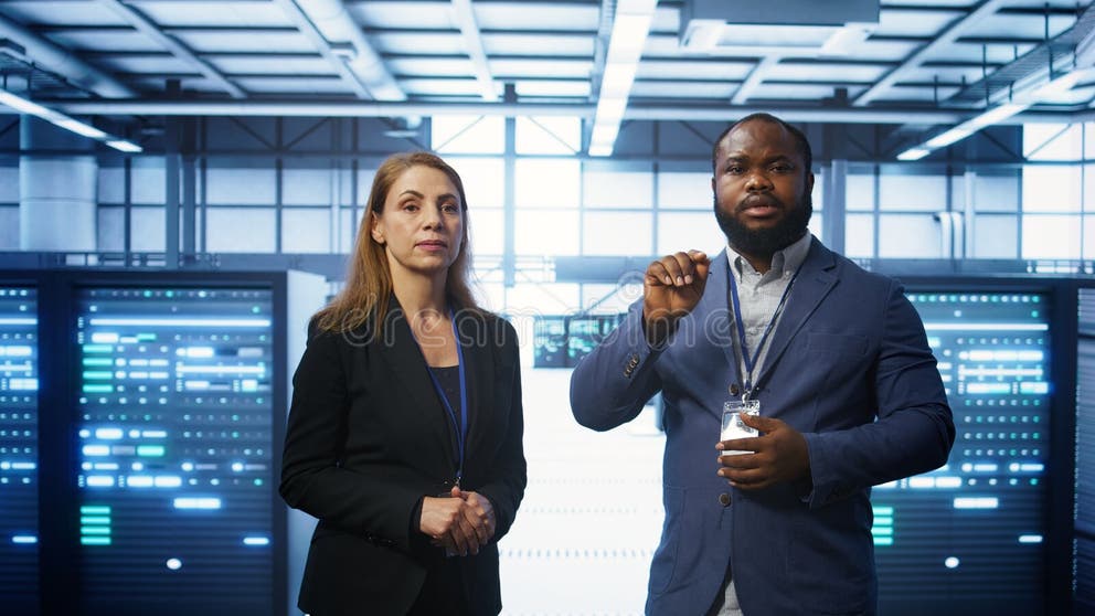 Programmer and Colleague Working on Securing Server Room Hardware Using ...
