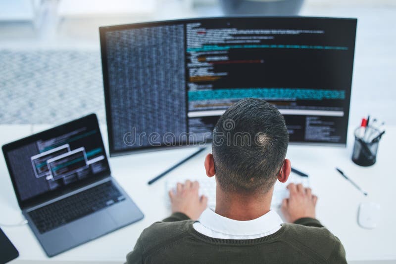 Programmer Computer And Developer Man For Coding Software Script Or