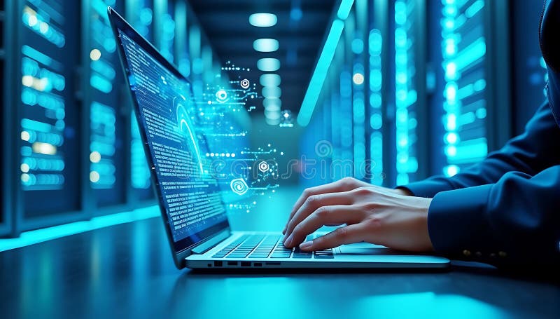 Programmer or Computer Engineer Working on a Laptop with Server Room, Futuristic Data Center ...