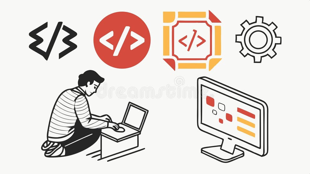 Programmer at Computer Vector, Software Development and Coding Profession Icon Vector Design ...