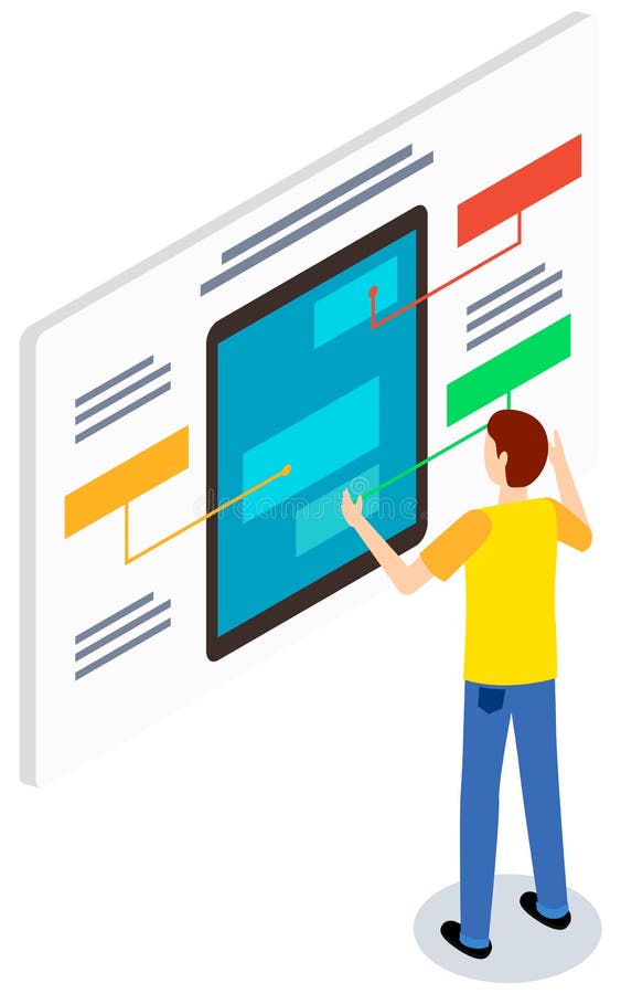 Programmer Creating Structure Of Information Blocks In Application Screen Man Examines Poster