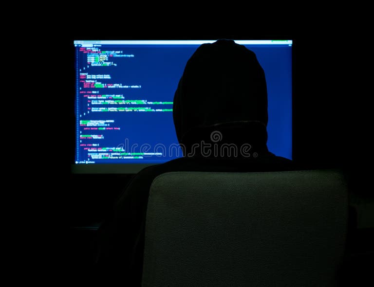 Programmer in dark room stock image. Image of business - 84922801