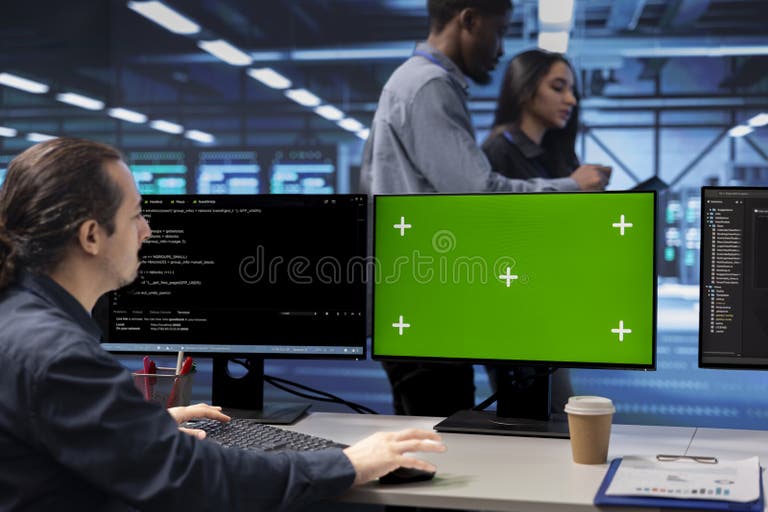 Programmer in Data Center Using Green Screen Computer To Check Server ...