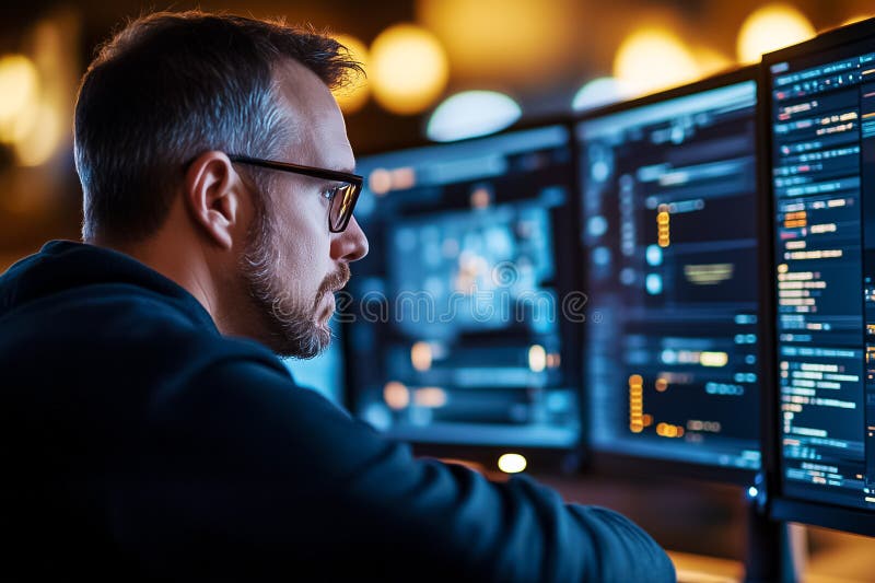 A Programmer is Deeply Engaged in Writing Code, Surrounded by Multiple Screens in a Dimly Lit ...