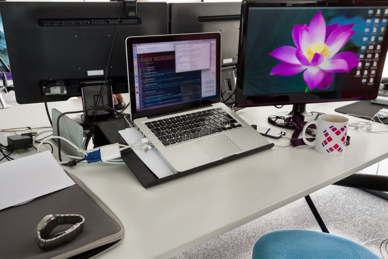 Business Desk with Laptop and External Monitor Stock Photo - Image of ...