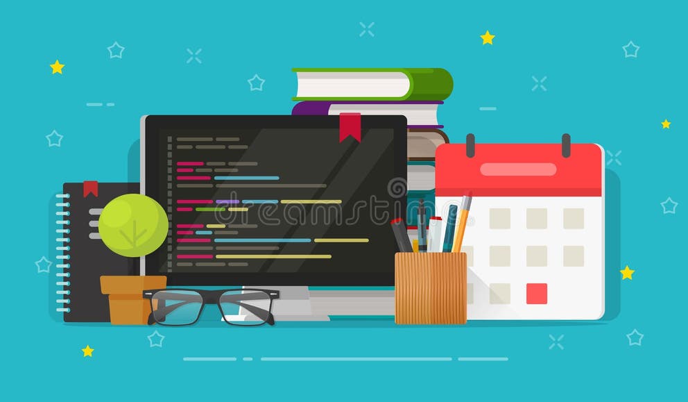 Programmer Desktop and Computer Screen and Code Vector Illustration ...