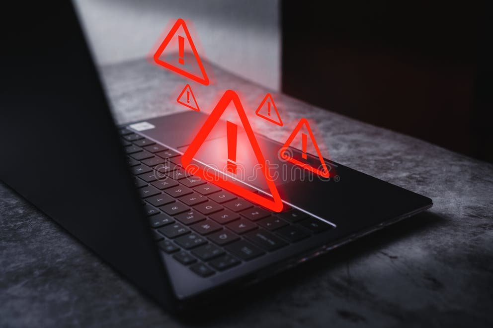 Laptop with Hologram Warning Sign for Notification Error. Stock Photo ...