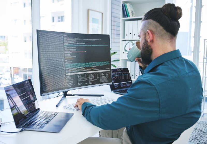 Programmer Developer Or Man At Computer For Coding Software Script Or
