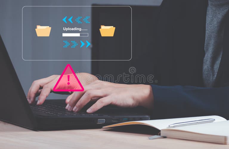 Programmer, Developer Using Computer Laptop with Triangle Caution Warning Sign for Notification ...