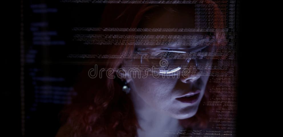 Programmer or Developer Working in Dark Room with Computer Code ...