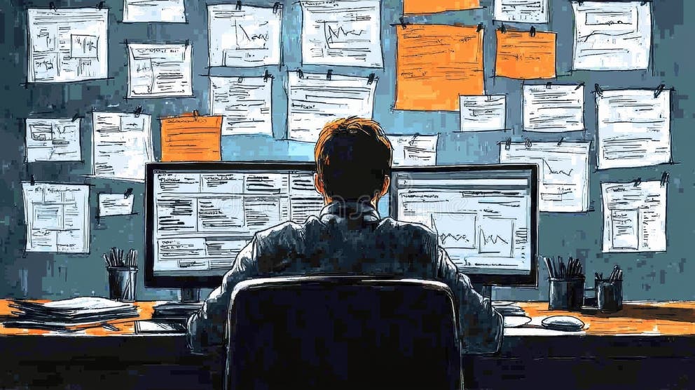 A Programmer or Developer Works on a Complex Project with a Wall Full ...