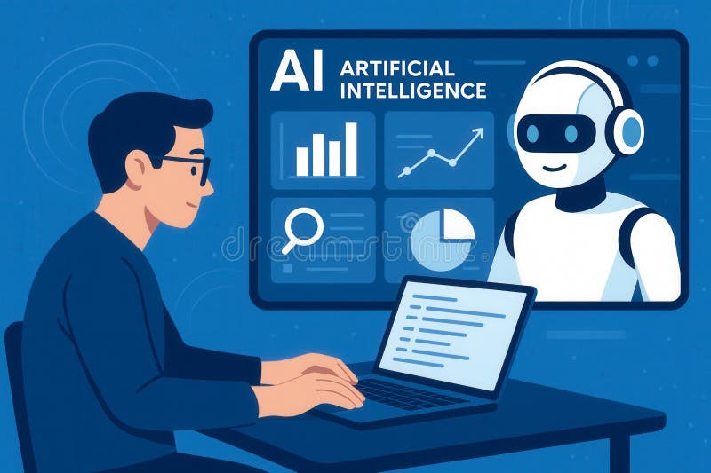 Programmer Developing Artificial Intelligence Software with Ai Assistant Stock Illustration ...