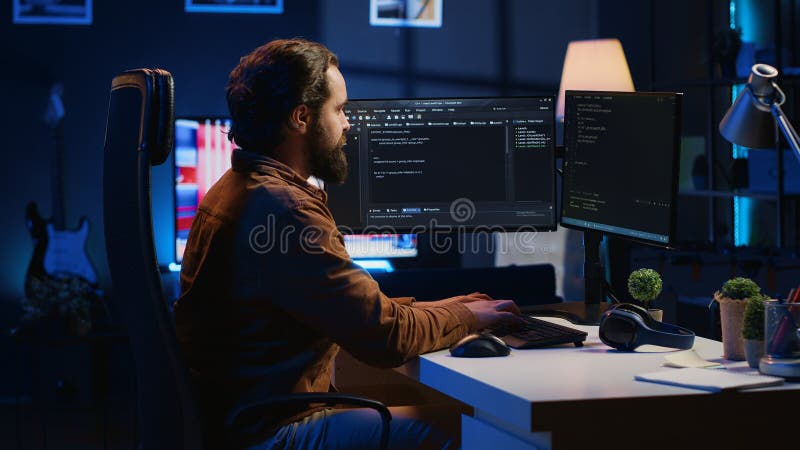 Programmer Developing Code on Computer Screen while in Personal Office Stock Image - Image of ...