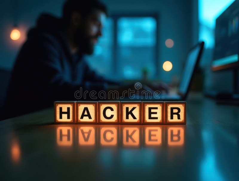 Hacker Working on Laptop with Illuminated Cubes Spelling Hacker Stock Illustration ...