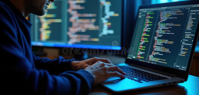 Programmer Diligently Working on Laptop at Desk. Multiple Computer Screens Display Code. Focus ...