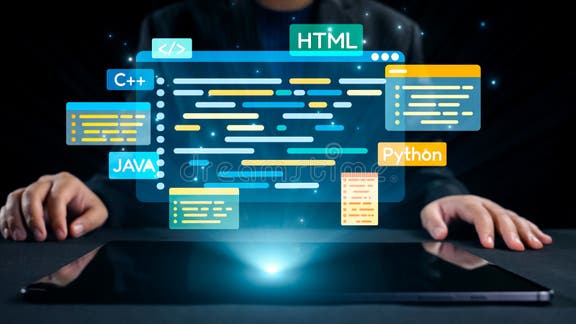Programmer Engaging with Virtual Code Display of HTML, CSS, , C, and on ...