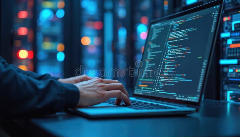 Programmer or Engineer Working with CGI Graphic of Data, Graphs and ...