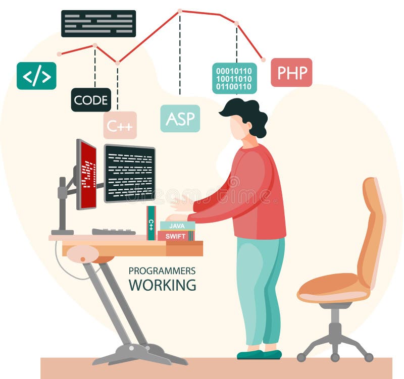 Programmer Engineering And Coding Programmer Working On Web Development On Computers Stock