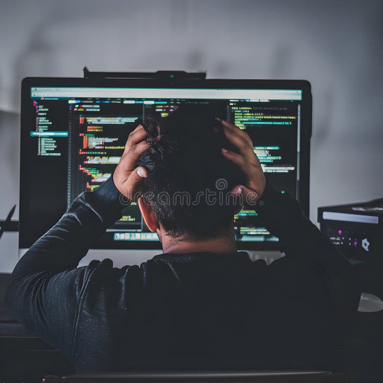 Stressed Programmer Holding His Head while Working on Computer Code ...
