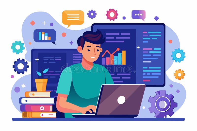 A Programmer is Focused on Coding at a Laptop, with Books and Charts Around in a Bright ...