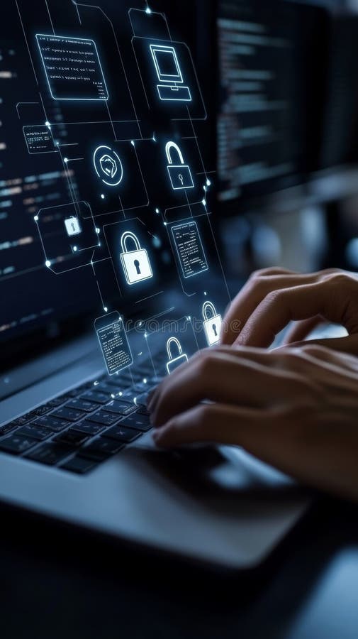 Programmer Focuses on Coding and Cybersecurity with Multiple Monitors Displaying Encryption ...