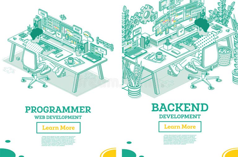 Programmer. Frontend or Backend Developer Sit on Chair with Wheels in ...