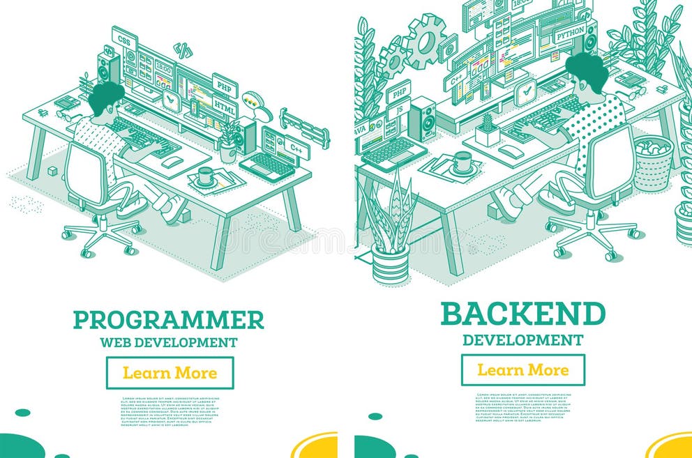 Programmer. Frontend or Backend Developer Sit on Chair with Wheels in ...