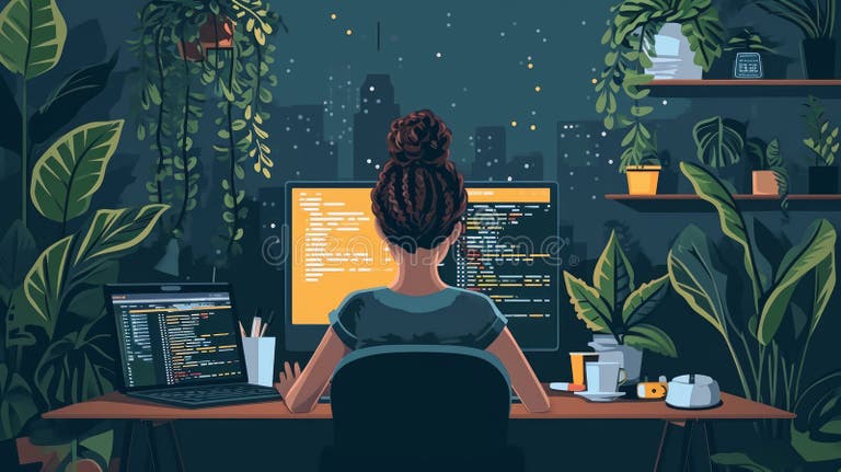 Programmer Girl Working on Computer at Night. Illustration in Cartoon ...
