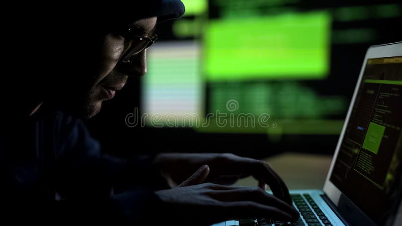 Hacking Of Database With Admin Access Side View Of Hacker Hands In Gloves Typing Malicious Code