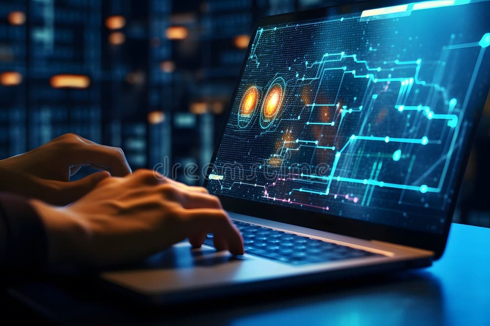 Programmer Hand Using Laptop Analyzing Data on Futuristic Virtual ...