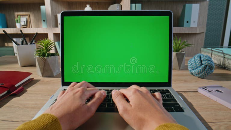 Programmer Hands Coding Green Screen Laptop at Workspace Closeup. Woman Typing Stock Photo ...