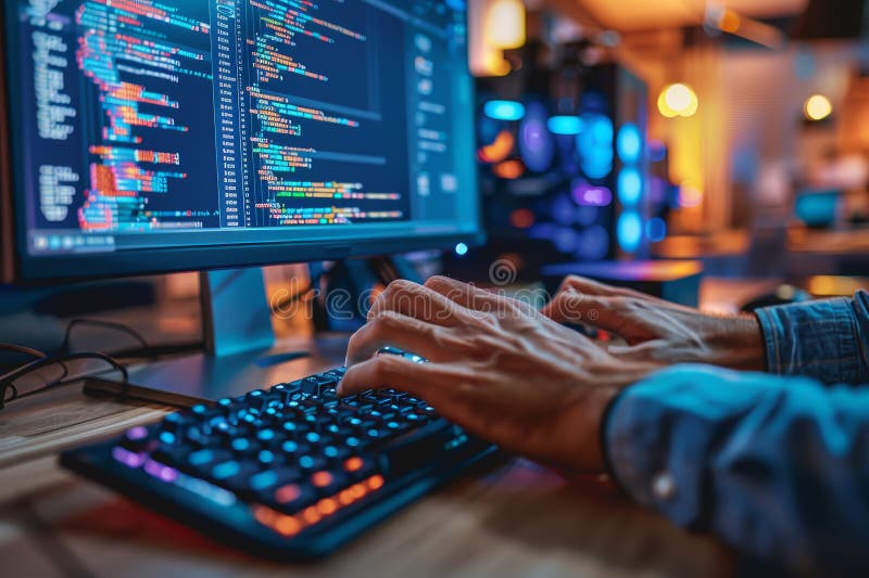 Programmer is Hands on Keyboard Writing Source Code, on Screen Monitor ...