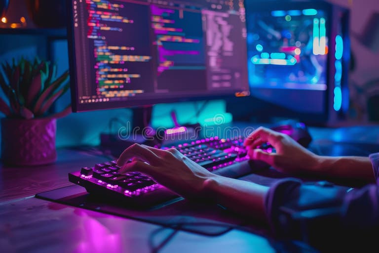 Programmer is Hands on Keyboard Writing Source Code, on Screen Monitor ...