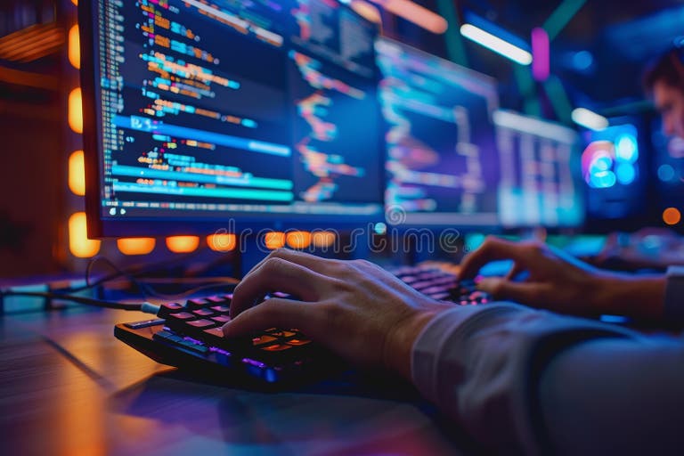 Programmer is Hands on Keyboard Writing Source Code, on Screen Monitor ...