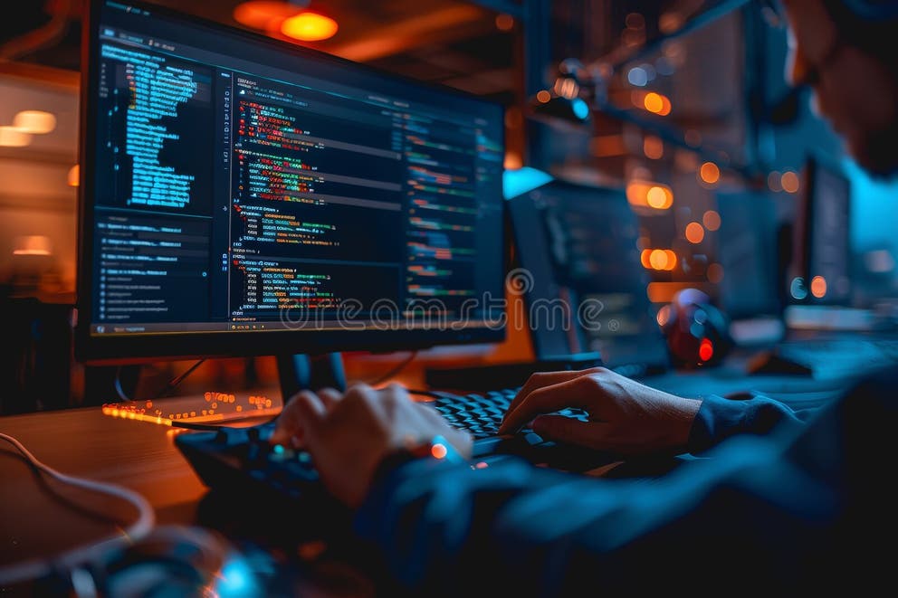 Programmer is Hands on Keyboard Writing Source Code, on Screen Monitor ...