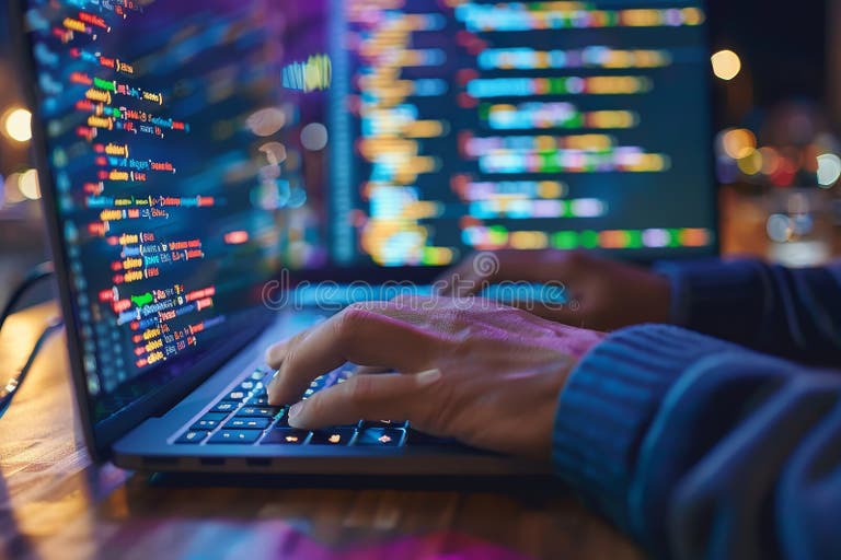 Programmer is Hands on Keyboard Writing Source Code, on Screen Monitor ...