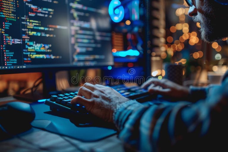 Programmer is Hands on Keyboard Writing Source Code, on Screen Monitor ...