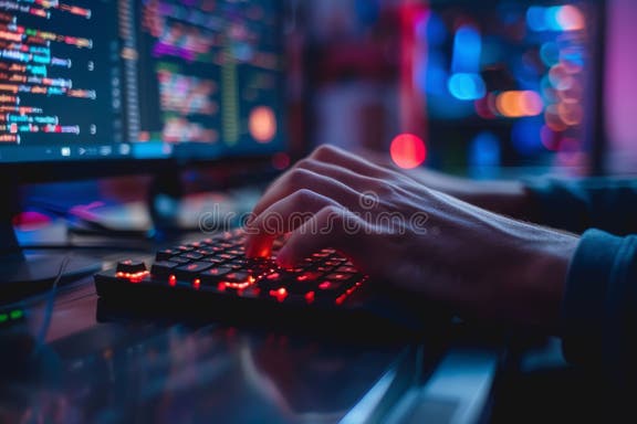 Programmer is Hands on Keyboard Writing Source Code, on Screen Monitor ...