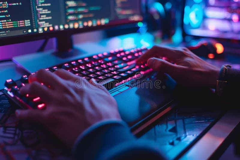 Programmer Is Hands On Keyboard Writing Source Code On Screen Monitor