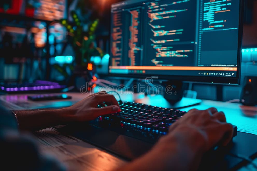 Programmer is Hands on Keyboard Writing Source Code, on Screen Monitor ...