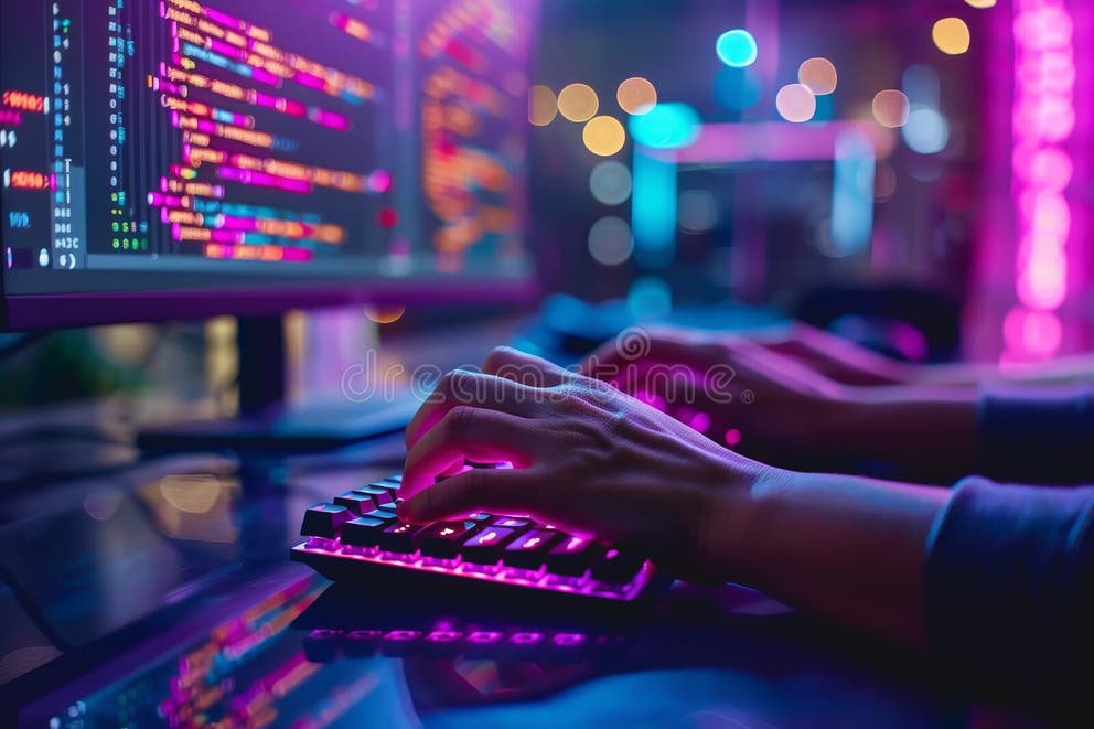 Programmer is Hands on Keyboard Writing Source Code, on Screen Monitor ...