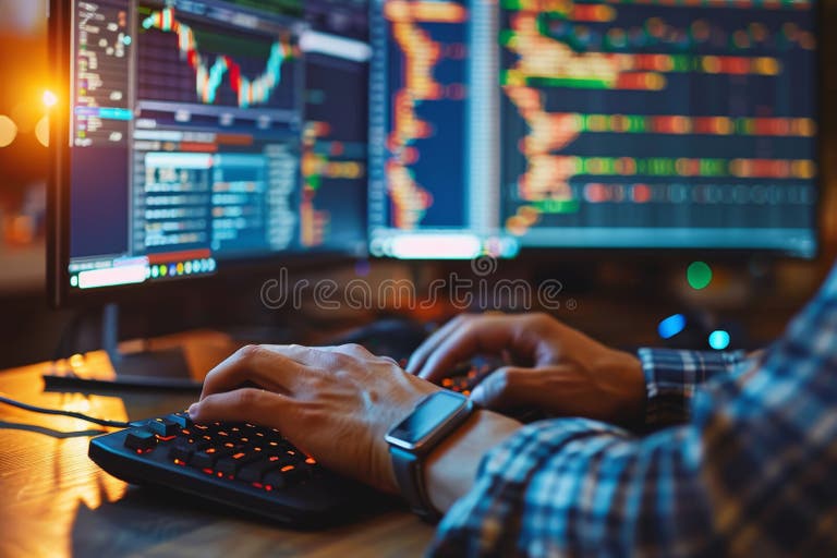 Programmer is Hands on Keyboard Writing Source Code, on Screen Monitor ...