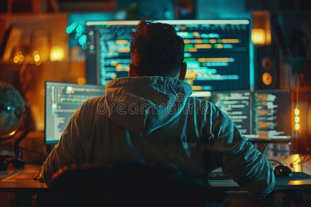 Programmer is Hands on Keyboard Writing Source Code, on Screen Monitor ...