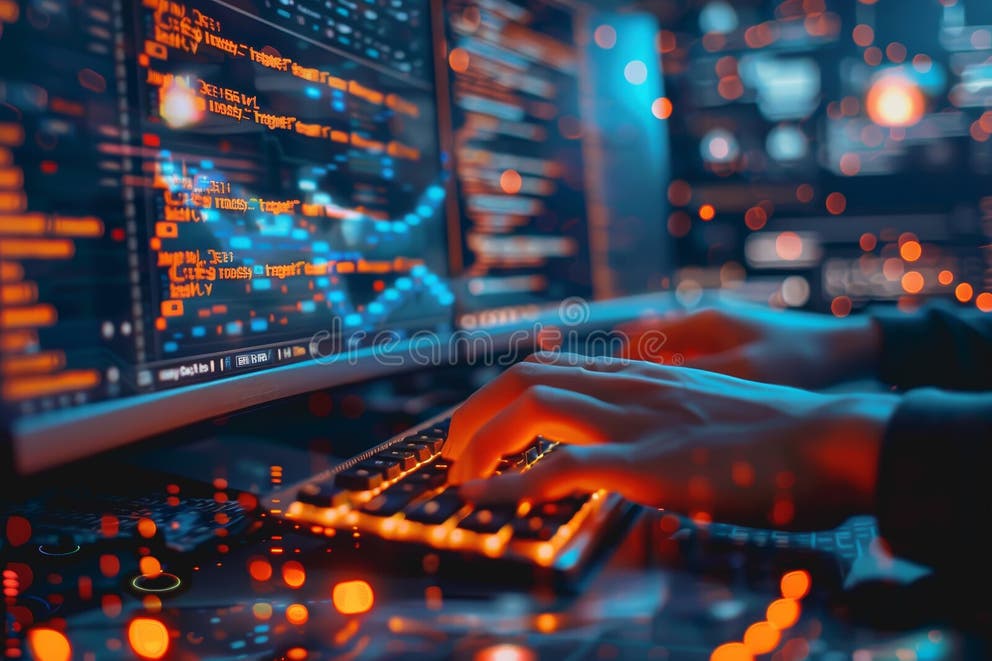 Programmer is Hands on Keyboard Writing Source Code, on Screen Monitor ...