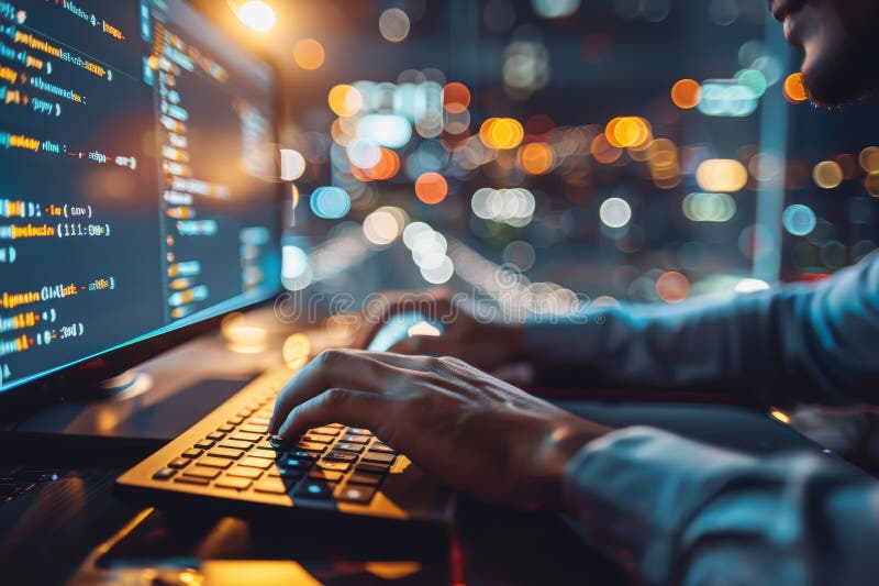 Programmer Is Hands On Keyboard Writing Source Code On Screen Monitor Showing Writing Code 4067