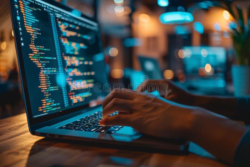 Programmer Is Hands On Keyboard Writing Source Code On Screen Monitor Showing Writing Code 0118